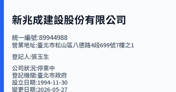 新兆成建設股份有限公司的照片-統編 89944988(臺北市) 公司登記資料與營業項目詳細圖表