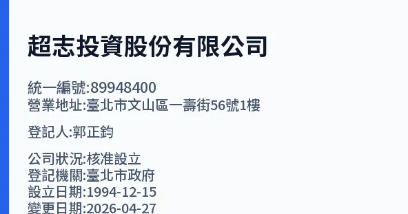 超志投資股份有限公司的照片-統編 89948400(臺北市) 公司登記資料與營業項目詳細圖表
