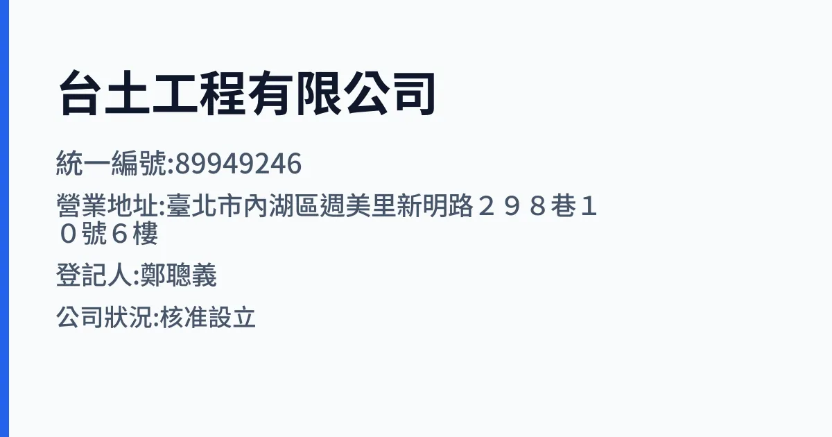 台土工程有限公司 - 統編 89949246(臺北市) 公司登記資料與營業項目詳細圖表