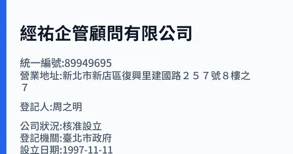 經祐企管顧問有限公司的照片-統編 89949695(臺北市) 公司登記資料與營業項目詳細圖表