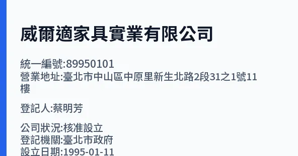 威爾適家具實業有限公司的照片-統編 89950101(臺北市) 公司登記資料與營業項目詳細圖表