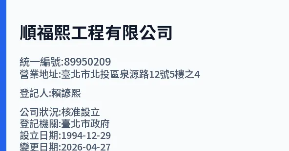 順福熙工程有限公司的照片-統編 89950209(臺北市) 公司登記資料與營業項目詳細圖表