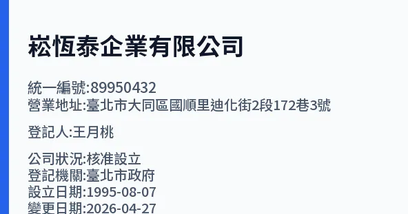 崧恆泰企業有限公司的照片-統編 89950432(臺北市) 公司登記資料與營業項目詳細圖表