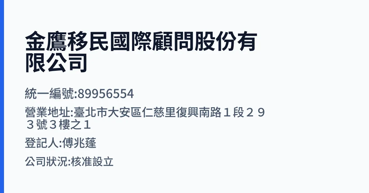 金鷹移民國際顧問股份有限公司 - 統編 89956554(臺北市) 公司登記資料與營業項目詳細圖表