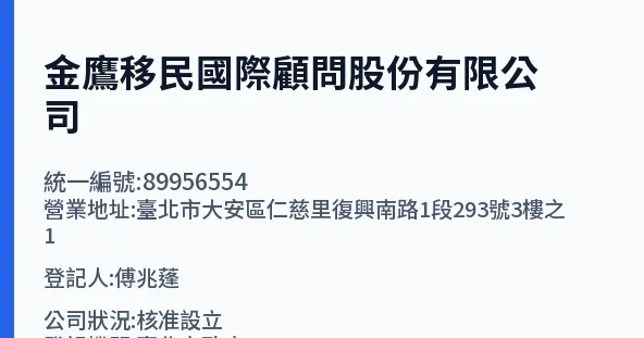 金鷹移民國際顧問股份有限公司的照片-統編 89956554(臺北市) 公司登記資料與營業項目詳細圖表