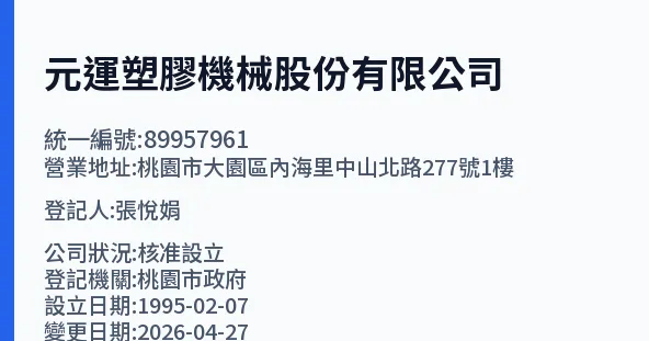 元運塑膠機械股份有限公司的照片-統編 89957961(桃園市) 公司登記資料與營業項目詳細圖表