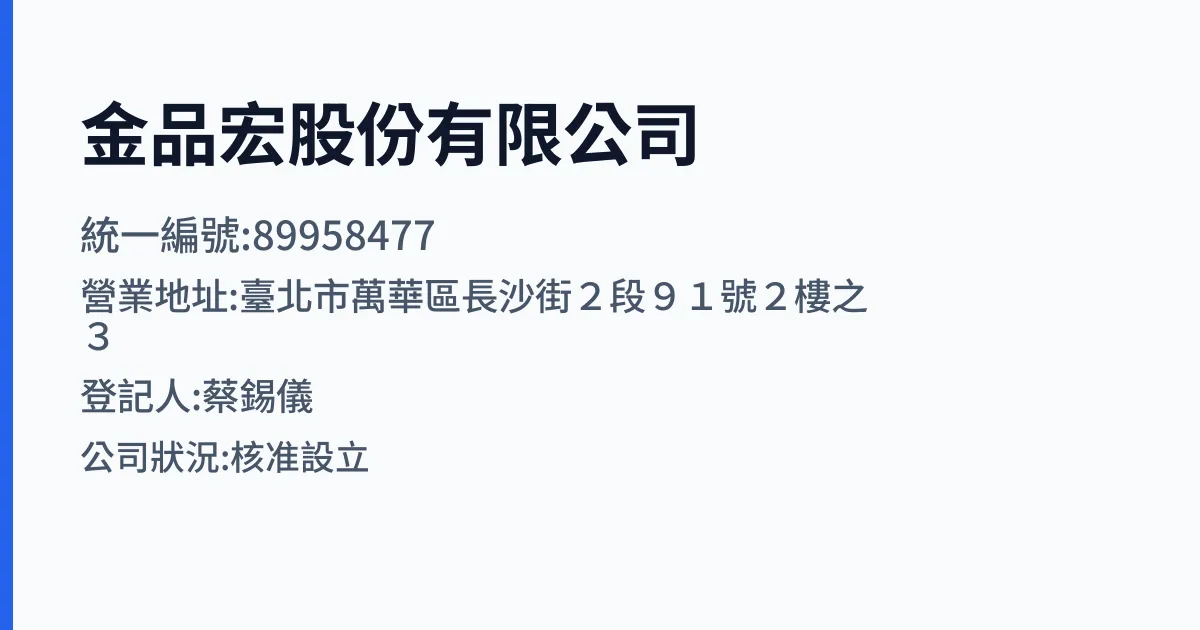 金品宏股份有限公司 - 統編 89958477(臺北市) 公司登記資料與營業項目詳細圖表