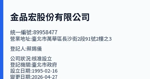 金品宏股份有限公司的照片-統編 89958477(臺北市) 公司登記資料與營業項目詳細圖表