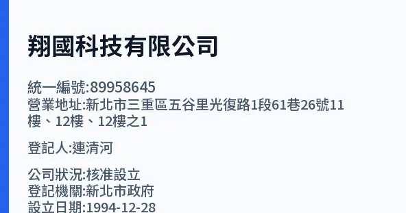 翔國科技有限公司的照片-統編 89958645(新北市) 公司登記資料與營業項目詳細圖表