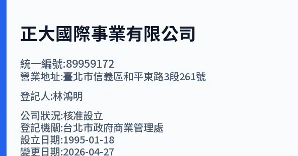 正大國際事業有限公司的照片-統編 89959172(臺北市) 公司登記資料與營業項目詳細圖表