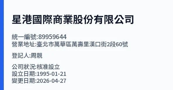 星港國際商業股份有限公司的照片-統編 89959644(臺北市) 公司登記資料與營業項目詳細圖表