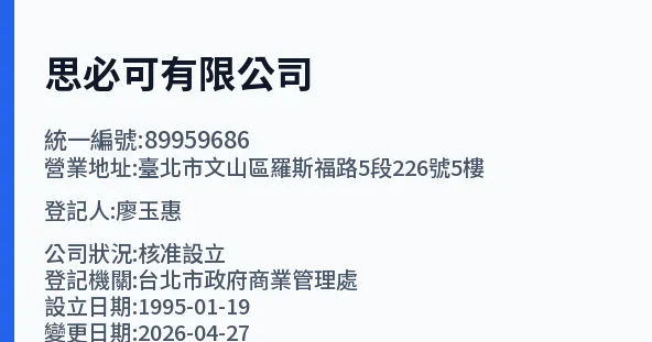 思必可有限公司的照片-統編 89959686(臺北市) 公司登記資料與營業項目詳細圖表