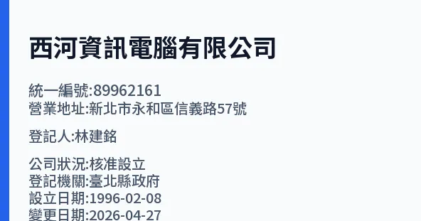 西河資訊電腦有限公司的照片-統編 89962161(新北市) 公司登記資料與營業項目詳細圖表