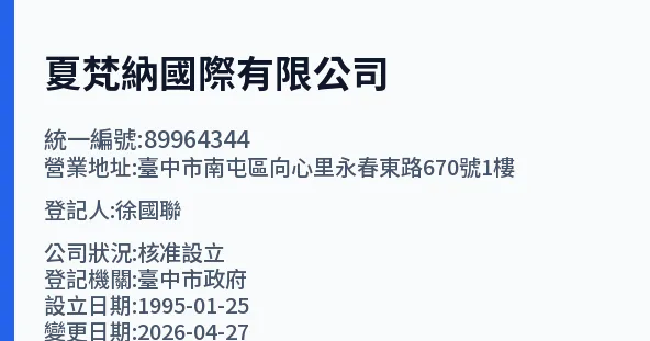 夏梵納國際有限公司的照片-統編 89964344(臺中市) 公司登記資料與營業項目詳細圖表