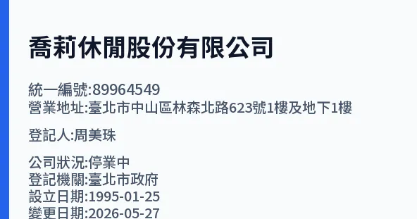 喬莉休閒股份有限公司的照片-統編 89964549(臺北市) 公司登記資料與營業項目詳細圖表