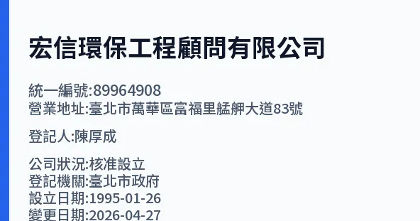 宏信環保工程顧問有限公司的照片-統編 89964908(臺北市) 公司登記資料與營業項目詳細圖表