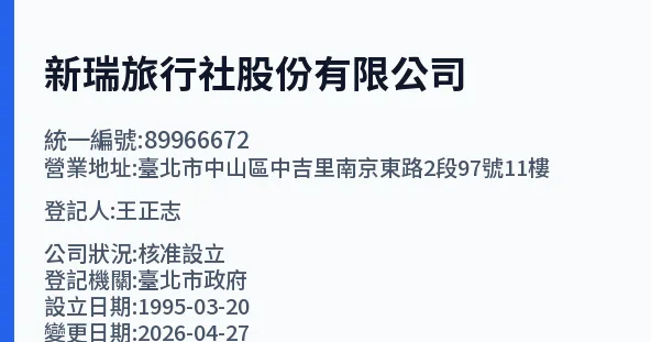 新瑞旅行社股份有限公司的照片-統編 89966672(臺北市) 公司登記資料與營業項目詳細圖表