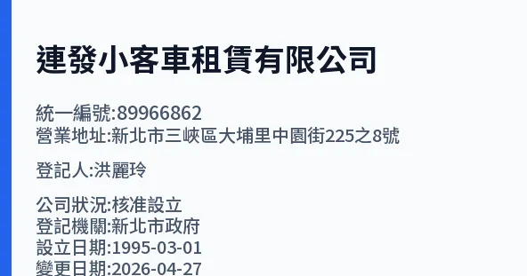 連發小客車租賃有限公司的照片-統編 89966862(新北市) 公司登記資料與營業項目詳細圖表