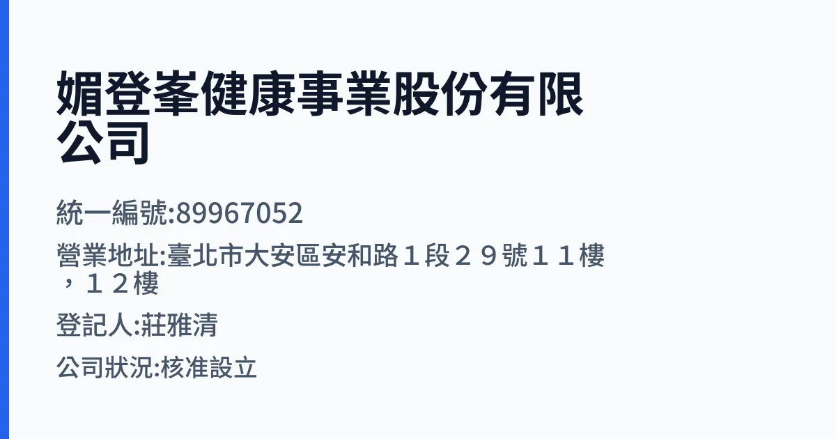 媚登峯健康事業股份有限公司 - 統編 89967052(臺北市) 公司登記資料與營業項目詳細圖表
