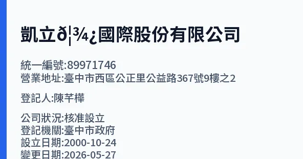 凱立𦾿國際股份有限公司的照片-統編 89971746(臺中市) 公司登記資料與營業項目詳細圖表