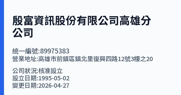 殷富資訊股份有限公司高雄分公司的照片-統編 89975383(高雄市) 公司登記資料與營業項目詳細圖表