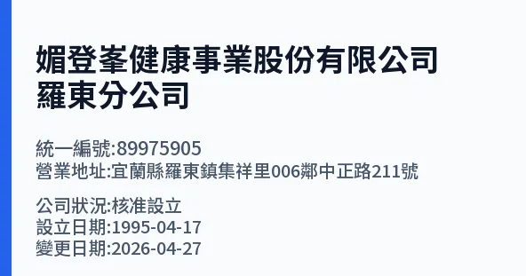 媚登峯健康事業股份有限公司羅東分公司的照片-統編 89975905(宜蘭縣) 公司登記資料與營業項目詳細圖表