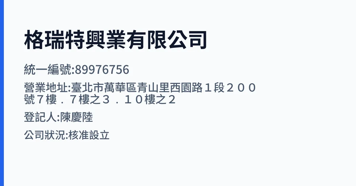 格瑞特興業有限公司 - 統編 89976756(臺北市) 公司登記資料與營業項目詳細圖表