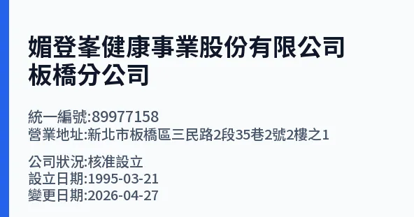 媚登峯健康事業股份有限公司板橋分公司的照片-統編 89977158(新北市) 公司登記資料與營業項目詳細圖表
