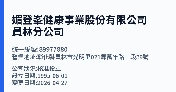 媚登峯健康事業股份有限公司員林分公司的照片-統編 89977880(彰化縣) 公司登記資料與營業項目詳細圖表
