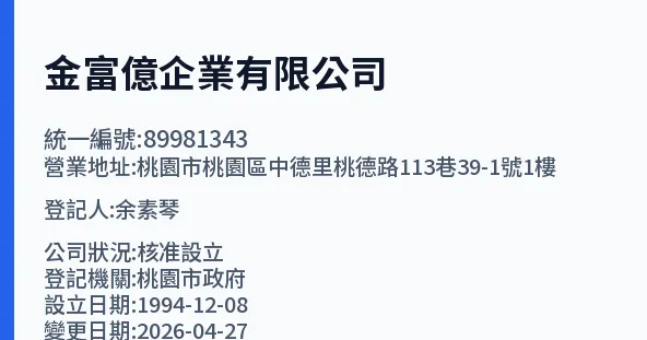 金富億企業有限公司的照片-統編 89981343(桃園市) 公司登記資料與營業項目詳細圖表