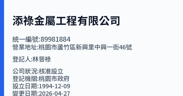 添祿金屬工程有限公司的照片-統編 89981884(桃園市) 公司登記資料與營業項目詳細圖表