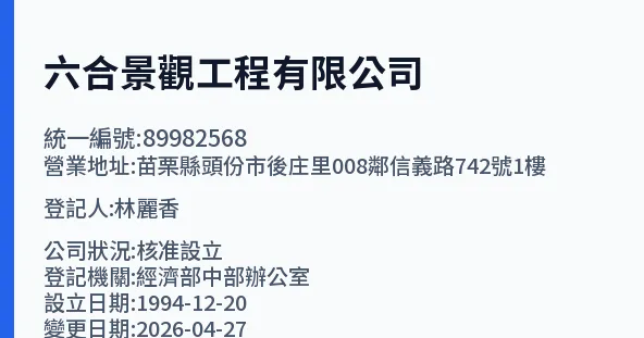 六合景觀工程有限公司的照片-統編 89982568(苗栗縣) 公司登記資料與營業項目詳細圖表