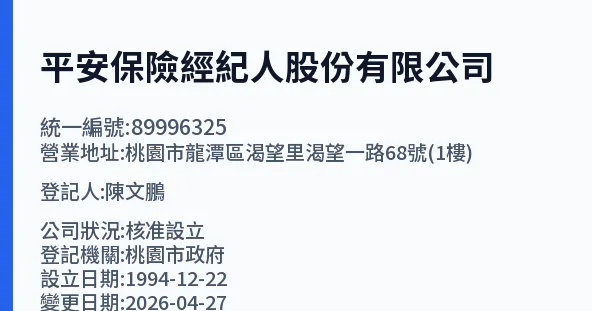 平安保險經紀人股份有限公司的照片-統編 89996325(桃園市) 公司登記資料與營業項目詳細圖表