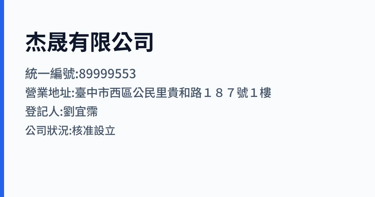 杰晟有限公司 - 統編 89999553(臺中市) 公司登記資料與營業項目詳細圖表