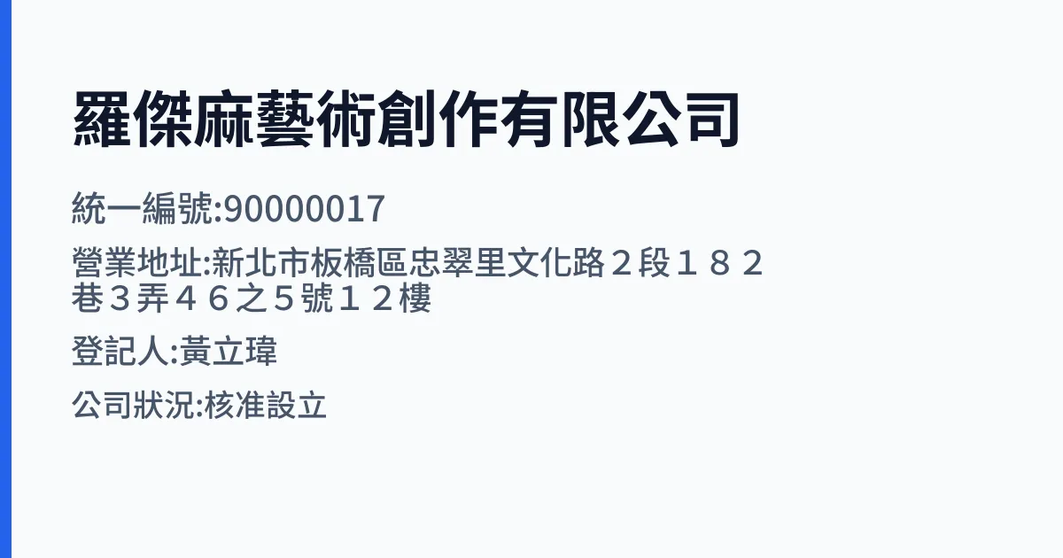 羅傑麻藝術創作有限公司 - 統編 90000017(新北市) 公司登記資料與營業項目詳細圖表