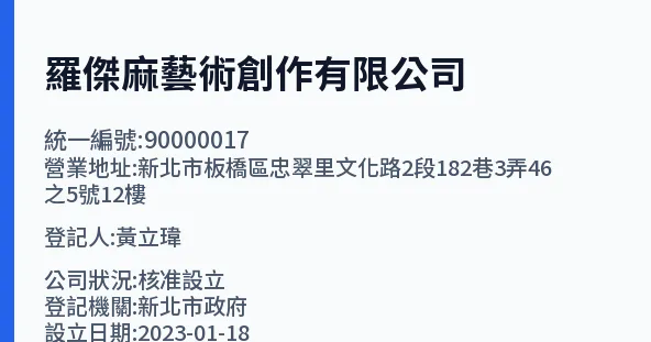 羅傑麻藝術創作有限公司的照片-統編 90000017(新北市) 公司登記資料與營業項目詳細圖表