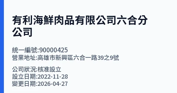有利海鮮肉品有限公司六合分公司的照片-統編 90000425(高雄市) 公司登記資料與營業項目詳細圖表