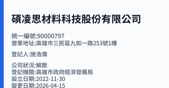 碩凌思材料科技股份有限公司的照片-統編 90000797(高雄市) 公司登記資料與營業項目詳細圖表
