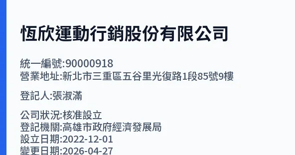 恆欣運動行銷股份有限公司的照片-統編 90000918(新北市) 公司登記資料與營業項目詳細圖表