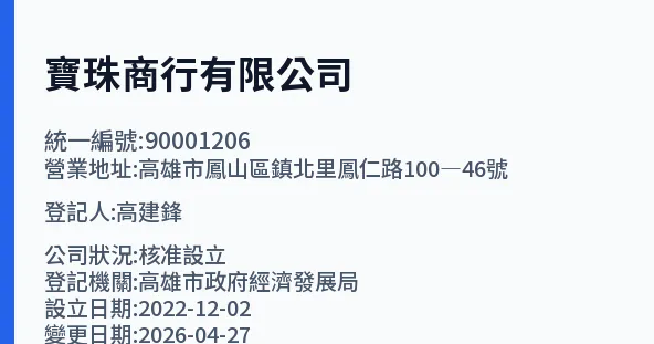 寶珠商行有限公司的照片-統編 90001206(高雄市) 公司登記資料與營業項目詳細圖表