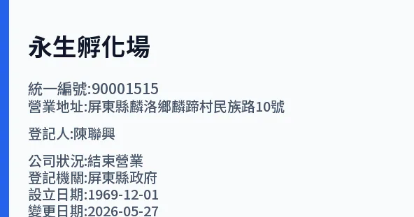永生孵化場的照片-統編 90001515(屏東縣) 公司登記資料與營業項目詳細圖表
