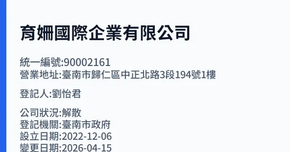 育姍國際企業有限公司的照片-統編 90002161(臺南市) 公司登記資料與營業項目詳細圖表
