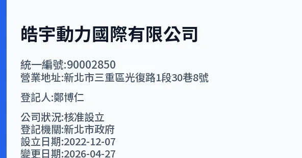 皓宇動力國際有限公司的照片-統編 90002850(新北市) 公司登記資料與營業項目詳細圖表