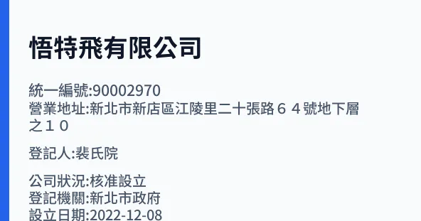 悟特飛有限公司的照片-統編 90002970(新北市) 公司登記資料與營業項目詳細圖表
