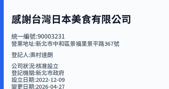 感謝台灣日本美食有限公司的照片-統編 90003231(新北市) 公司登記資料與營業項目詳細圖表