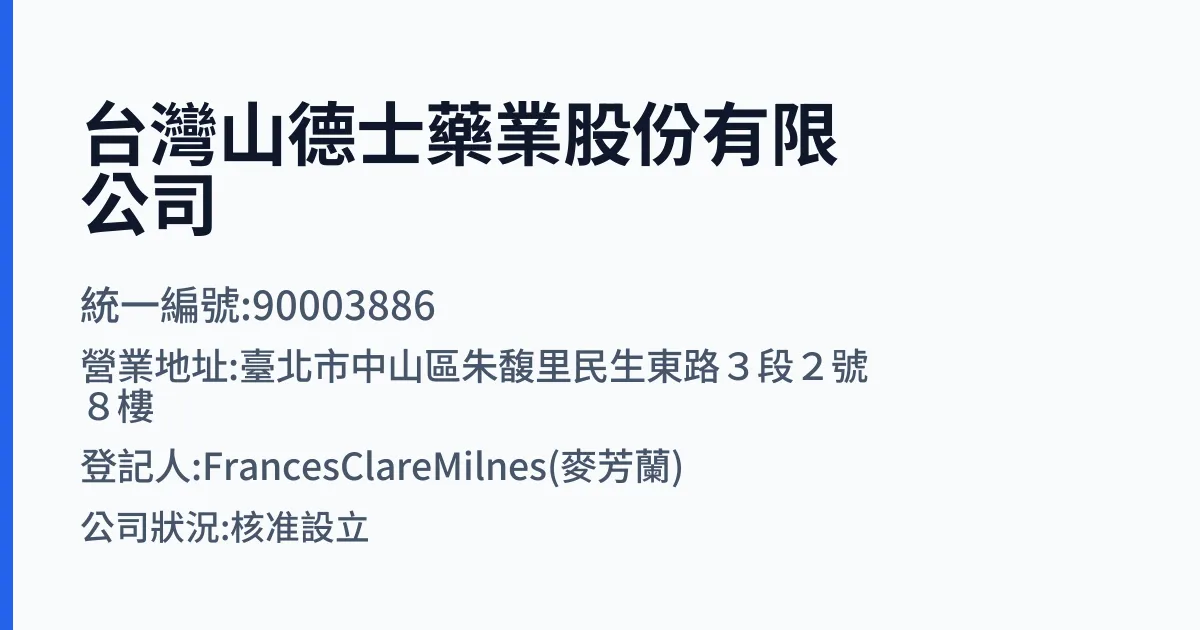 台灣山德士藥業股份有限公司 - 統編 90003886(臺北市) 公司登記資料與營業項目詳細圖表