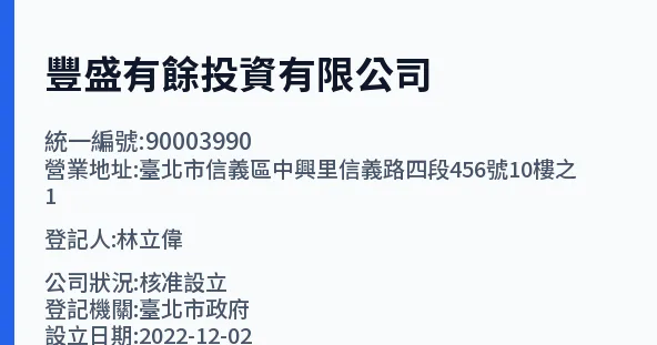 豐盛有餘投資有限公司的照片-統編 90003990(臺北市) 公司登記資料與營業項目詳細圖表