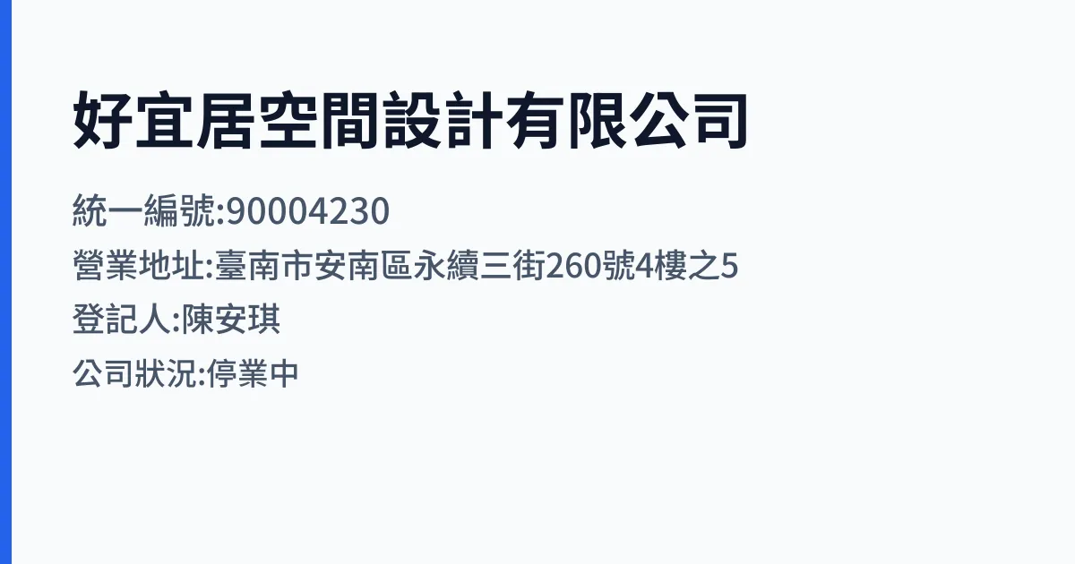 好宜居空間設計有限公司 - 統編 90004230(臺南市) 公司登記資料與營業項目詳細圖表