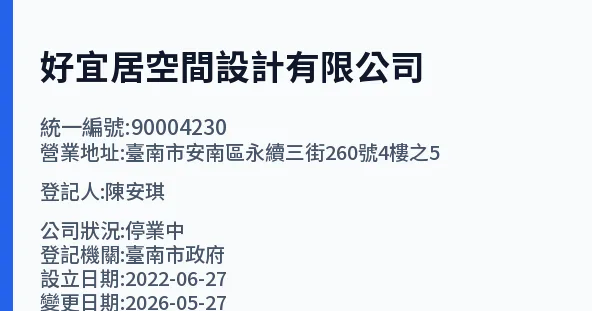 好宜居空間設計有限公司的照片-統編 90004230(臺南市) 公司登記資料與營業項目詳細圖表