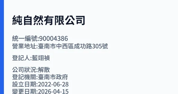 純自然有限公司的照片-統編 90004386(臺南市) 公司登記資料與營業項目詳細圖表